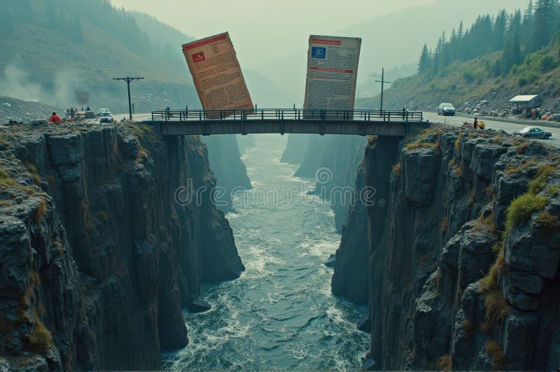 Surreal Bridge Over Canyon with Books and River Below in Misty Mountain ...