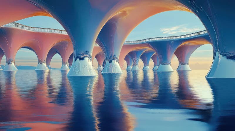 A Surreal Bridge Structure Reflected in Calm Water, Showcasing an ...