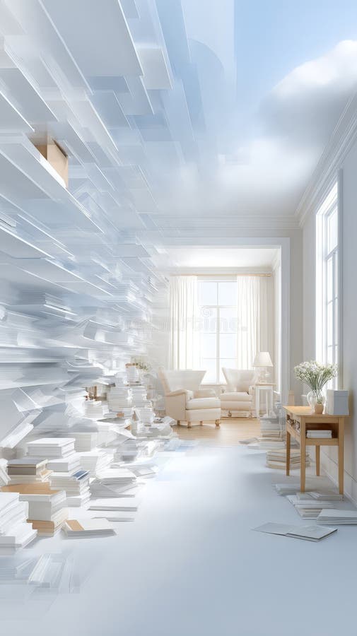 Surreal Bright Living Room with Floating Books and Soaring Ceiling ...