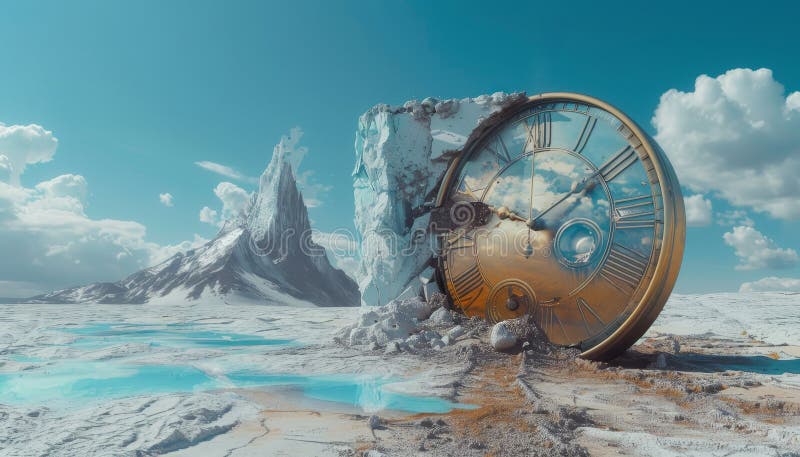 Surreal Broken Clock in Icy Landscape, Concept of Time and Nature by AI ...