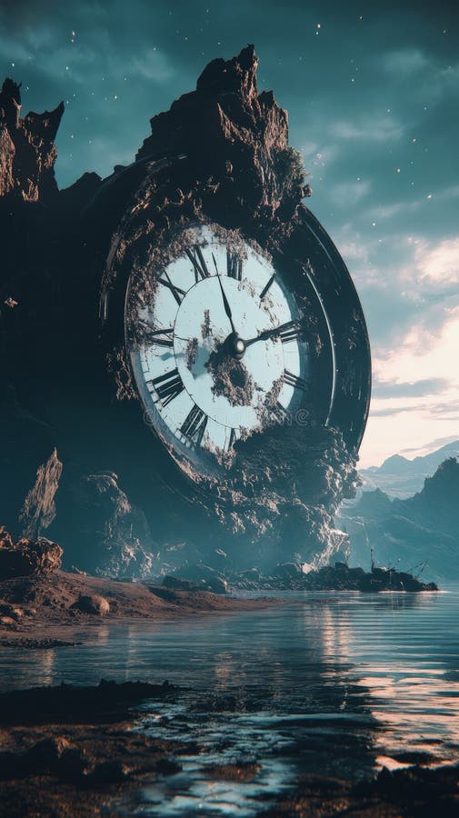 Surreal Broken Clock in Rocky Landscape at Twilight Stock Image - Image ...