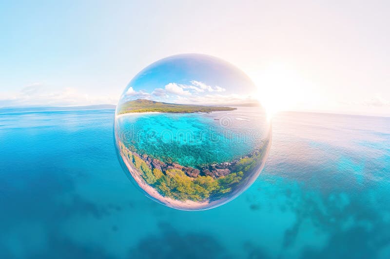 Surreal Bubble Reflecting Tropical Island and Ocean at Sunrise Stock ...