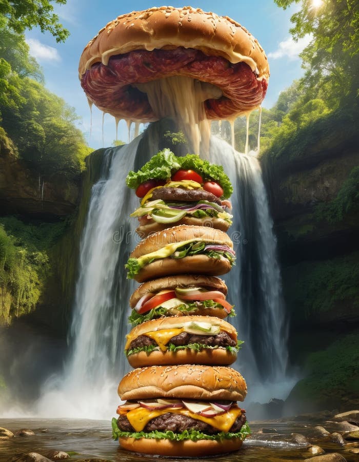 Surreal Burger Tower Waterfall Stock Image - Image of burger ...