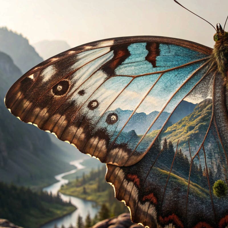 Surreal Butterfly Wing with Landscape Reflected in Delicate Patterns ...