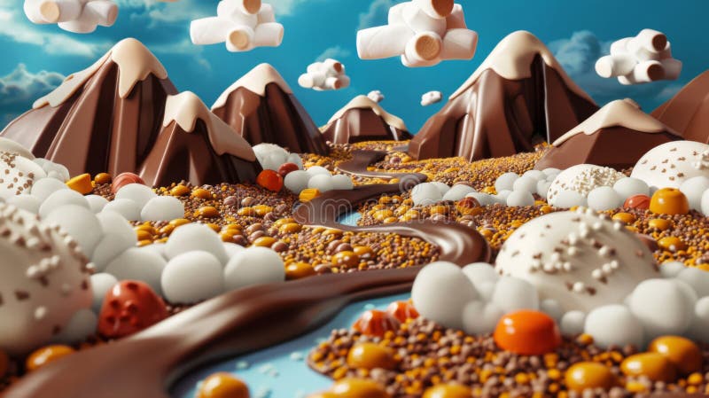 Surreal Candy Landscape with Chocolate Rivers and Marshmallow Clouds ...