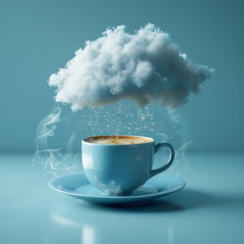 Surreal Cappuccino with Cloud Raining Over Cup on a Blue Backdrop Stock ...