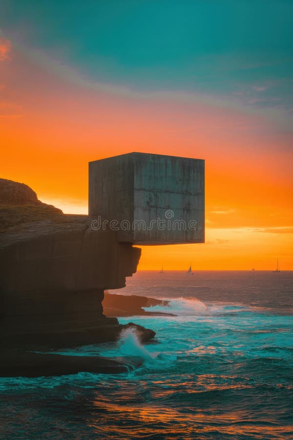 Conceptual Image of a Floating Concrete Cube Structure Over the Ocean ...