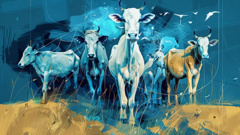 Surreal Cattle Charge: Abstract Cows in a Vibrant Landscape Stock ...