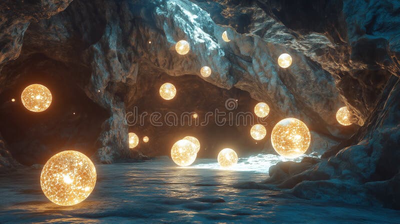 Surreal Cave with Floating Luminous Spheres Creating an Otherworldly ...