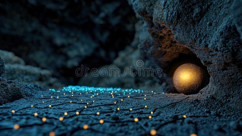 A Surreal Cave Landscape with Glowing Elements and a Mysterious Sphere ...