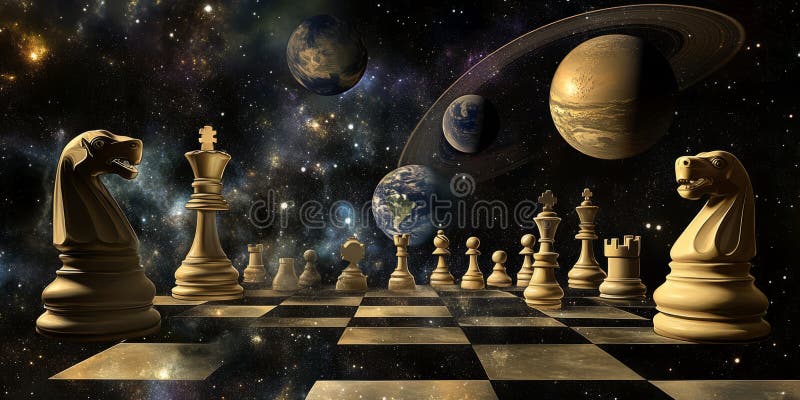 A Surreal Celestial Chessboard Floating in Space, with Planets and ...