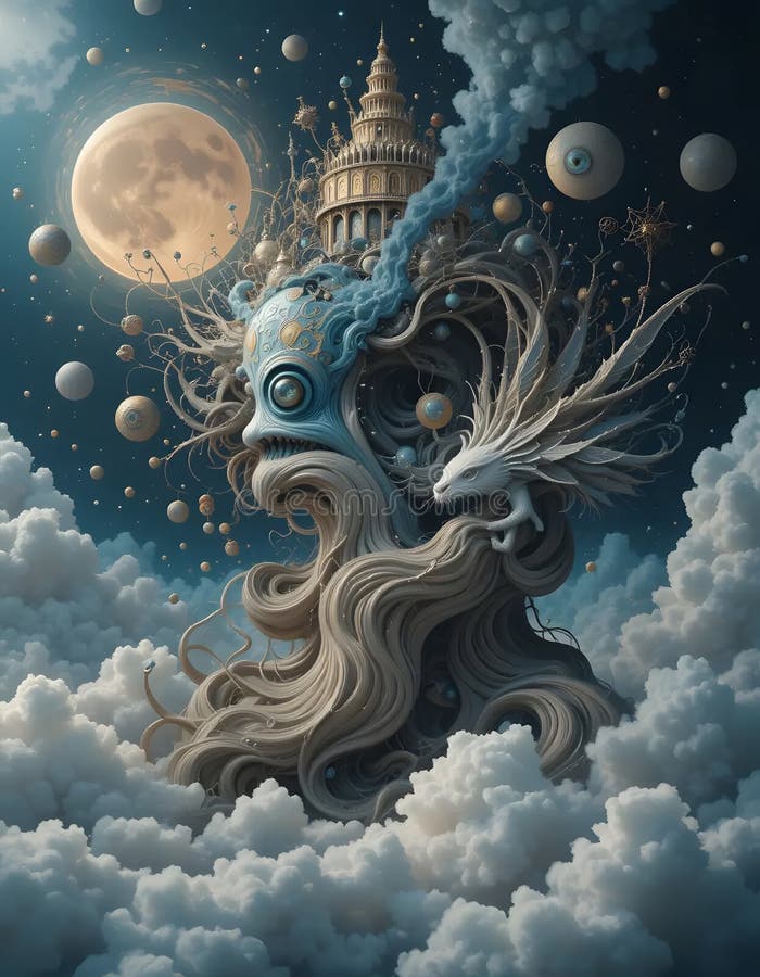 Surreal Celestial Dreamscape with Sculpted Face, Dragon and Tower ...