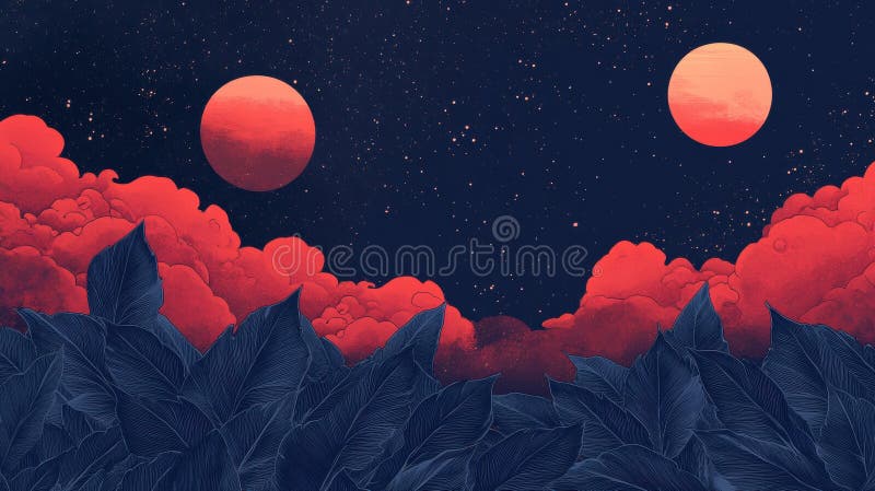 Surreal Celestial Scene with Two Red Moons Illuminating Starry Night ...