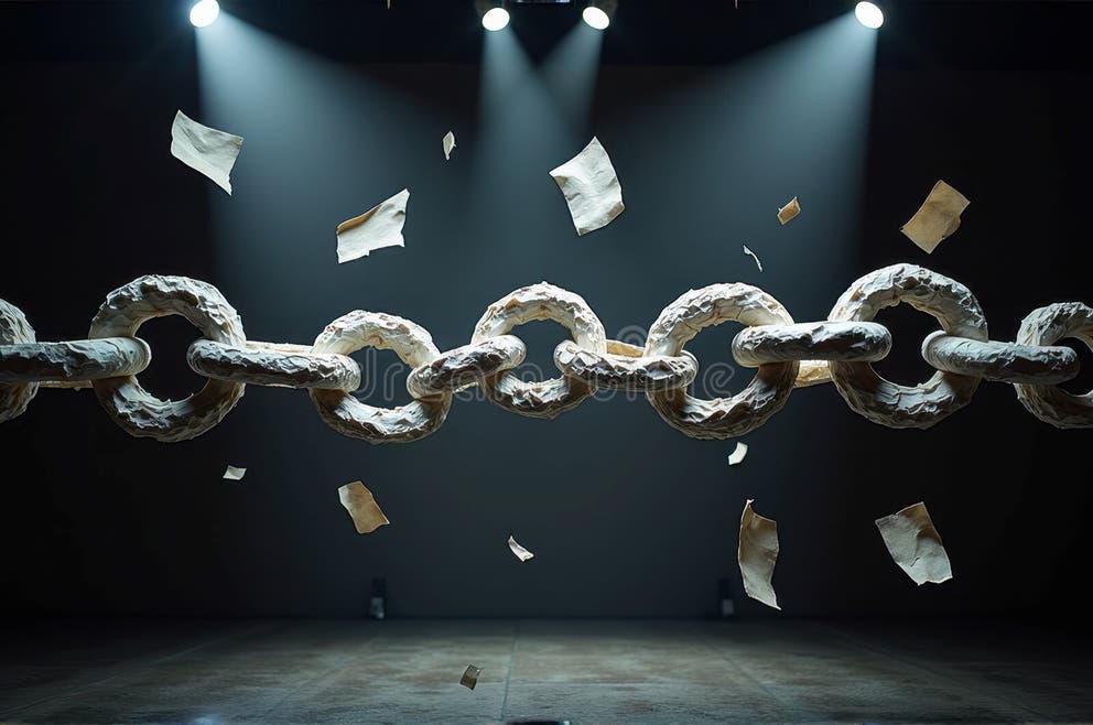 Surreal Chains and Floating Papers in Dramatic Light Stock Photo ...
