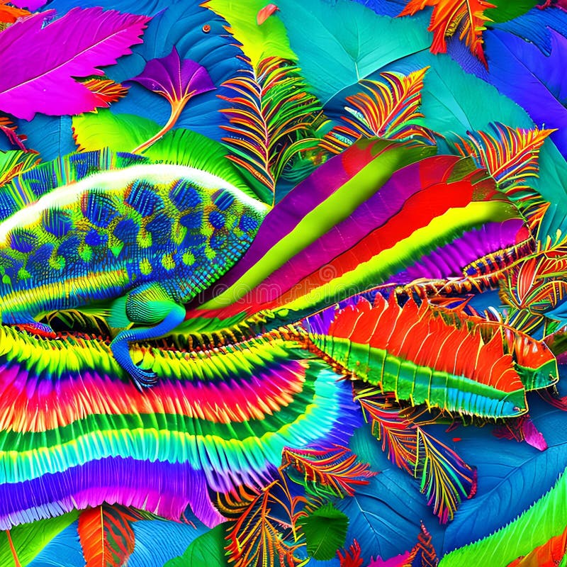 A Surreal Chameleon with Vibrant Rainbow Patterns, Blending Seamlessly ...