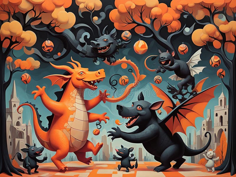 Surreal Characters Meet Bold, Cubist Forms. a Laughing Dragon and a ...