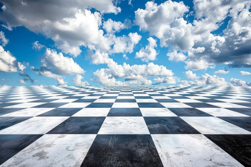 A Surreal Checkerboard Floor with a Blue Sky and Clouds, Offering an ...