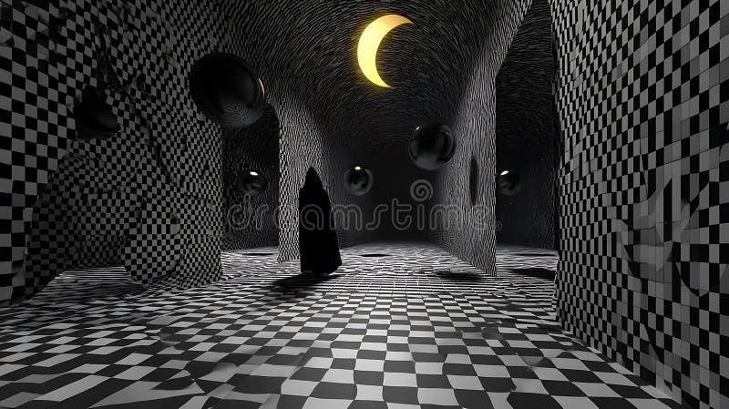 A Surreal, Checkered Corridor in Black and White Features Archways and ...