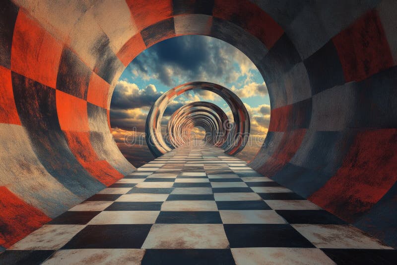Surreal Checkered Path Extending through Concentric Rings Beneath a ...