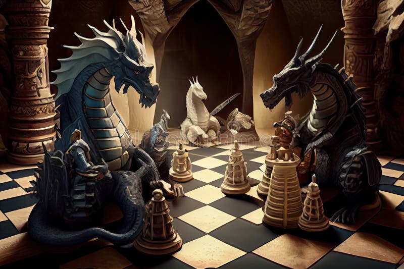 Surreal Chess Game with Unusual Setting, Featuring Dragons and Knights ...