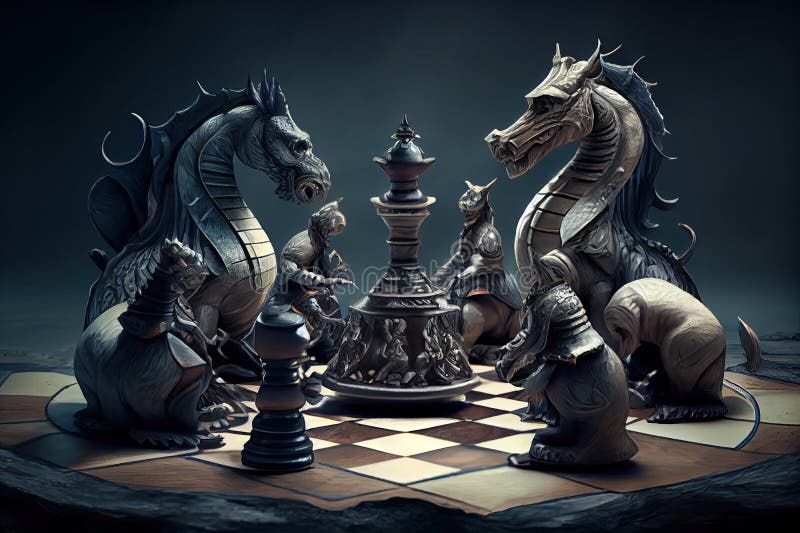 Surreal Chess Game with Unusual Setting, Featuring Dragons and Knights ...