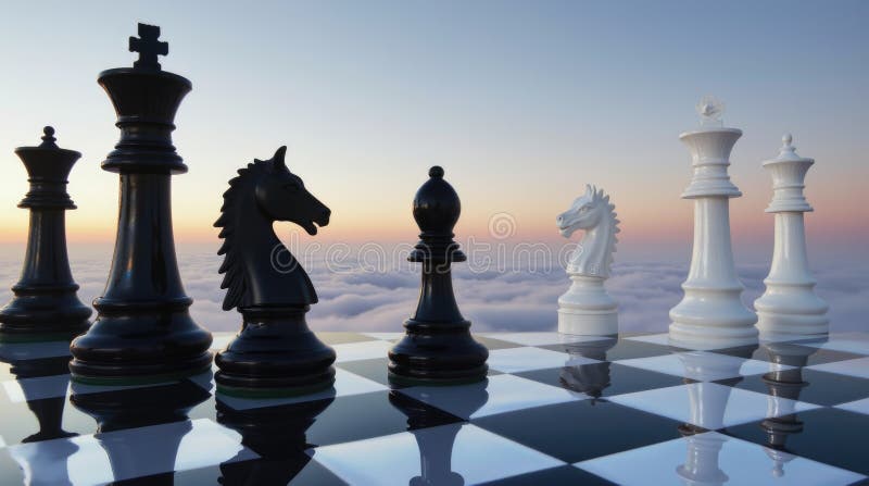 Surreal Chess Landscape with Giant Pieces on Floating Board in Clouds ...