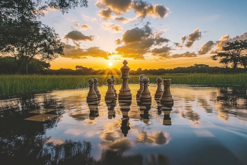 Surreal Chess Pieces in Natural Landscape at Sunset Over Water ...