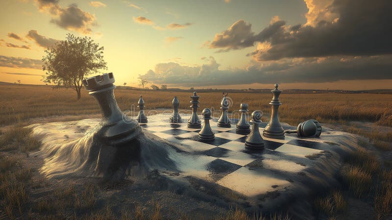 Surreal Chessboard in an Open Field with Dramatic Clouds during Sunset ...