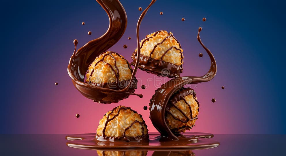 Surreal Chocolate Coconut Macaroons in Dynamic Chocolate Splash on ...