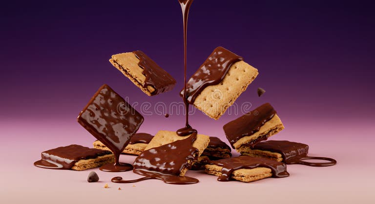 Surreal Chocolate-Covered Graham Crackers Falling on Gradient ...