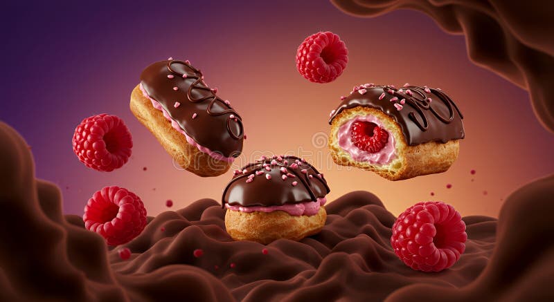 Surreal Chocolate Covered Raspberry Cream Puffs Levitating Over ...