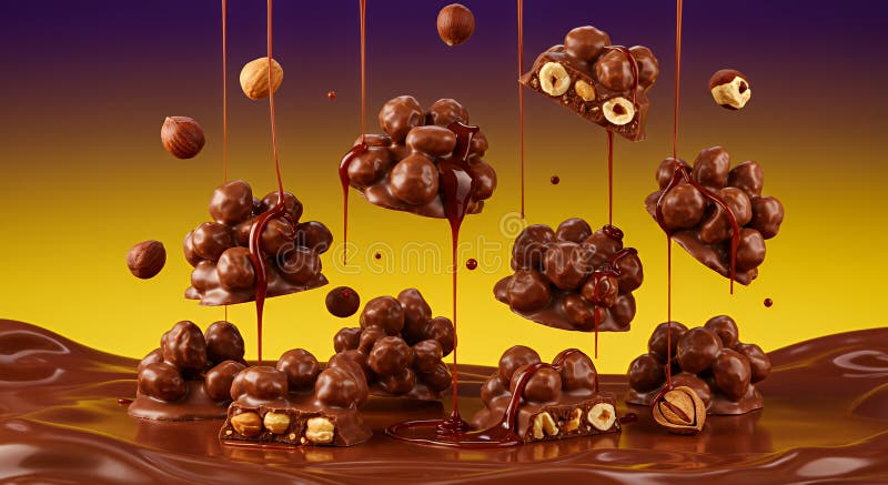 Surreal Chocolate Hazelnut Clusters Dripping on Gradient Background ...