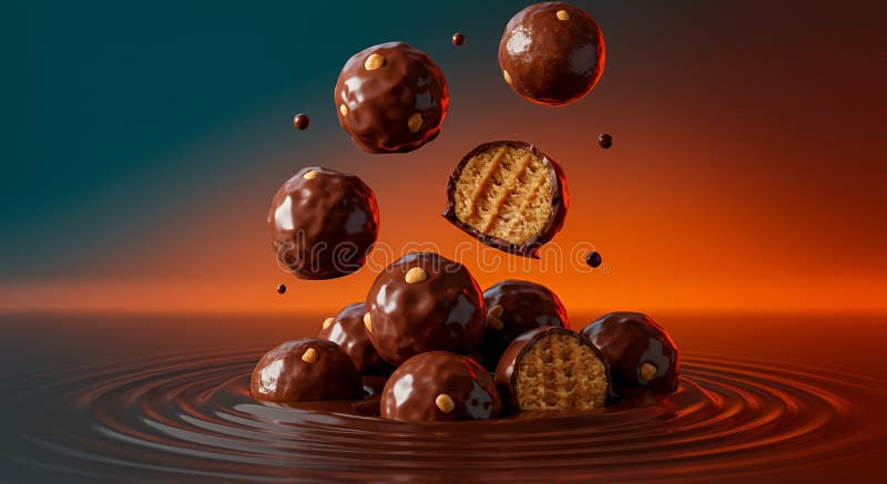 Surreal Chocolate Peanut Butter Balls in Melted Chocolate Pool, Teal ...