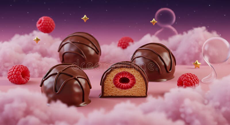 Surreal Chocolate Raspberry Fudge Bites on Pink Clouds Stock ...
