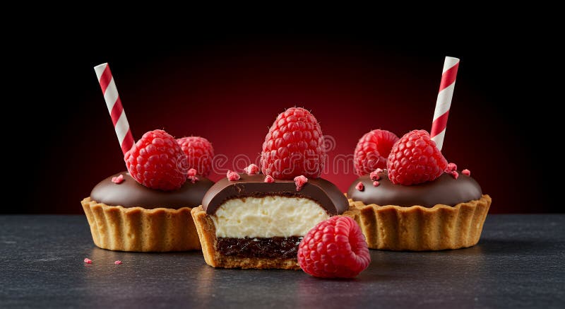 Surreal Chocolate Raspberry Tarts: Creamy Indulgence on Dark Background ...