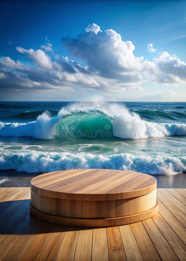 Surreal Circular Wooden Podium with Approaching Ocean Wave Coastal Art ...