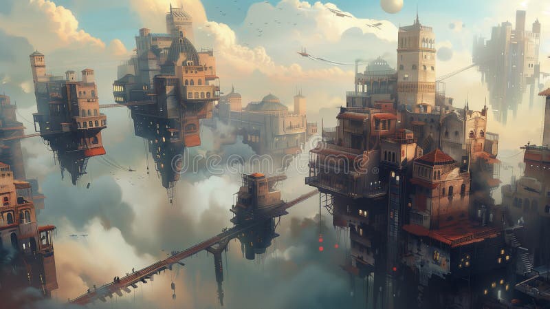 Surreal City with Floating Buildings and Staircases Stock Illustration ...