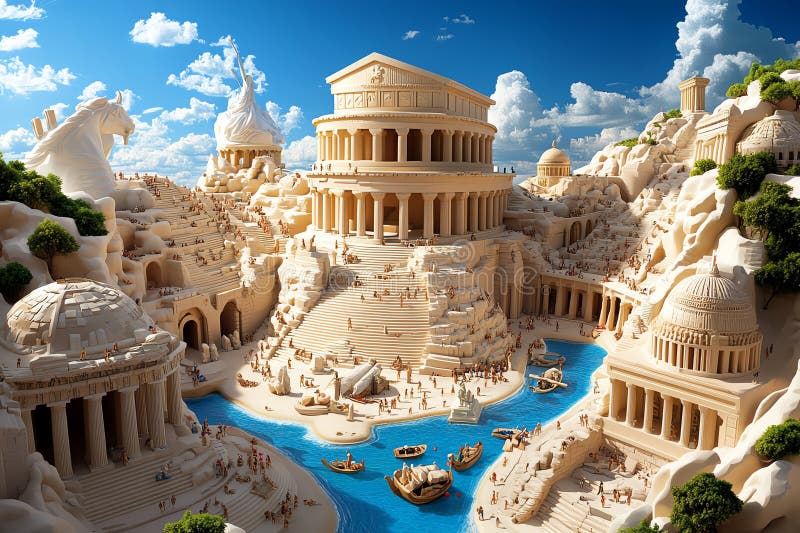 A Surreal Cityscape with Ancient Architecture, a Central River, and a ...