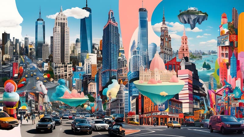 Surreal Cityscape Collage Floating Islands and Iconic Skyscrapers Stock ...