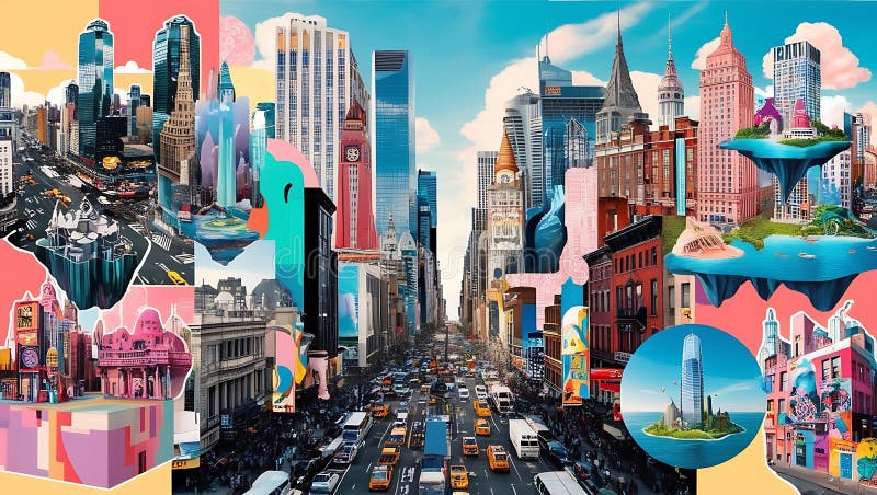 Surreal Cityscape Collage Floating Islands and Iconic Skyscrapers Stock ...