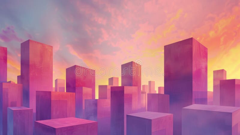 Surreal Cityscape with Colorful Blocks and Sunset Sky Stock ...