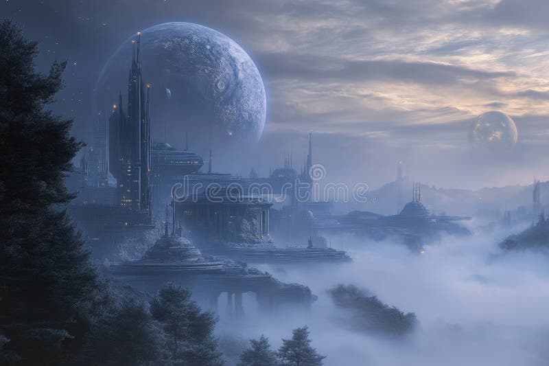 Dramatic Landscape of a Futuristic City Under a Vast Night Sky with ...