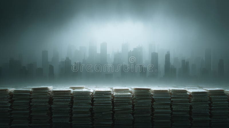 Cityscape Rising from Crumpled Paper Notes, Blending Melancholic Words ...