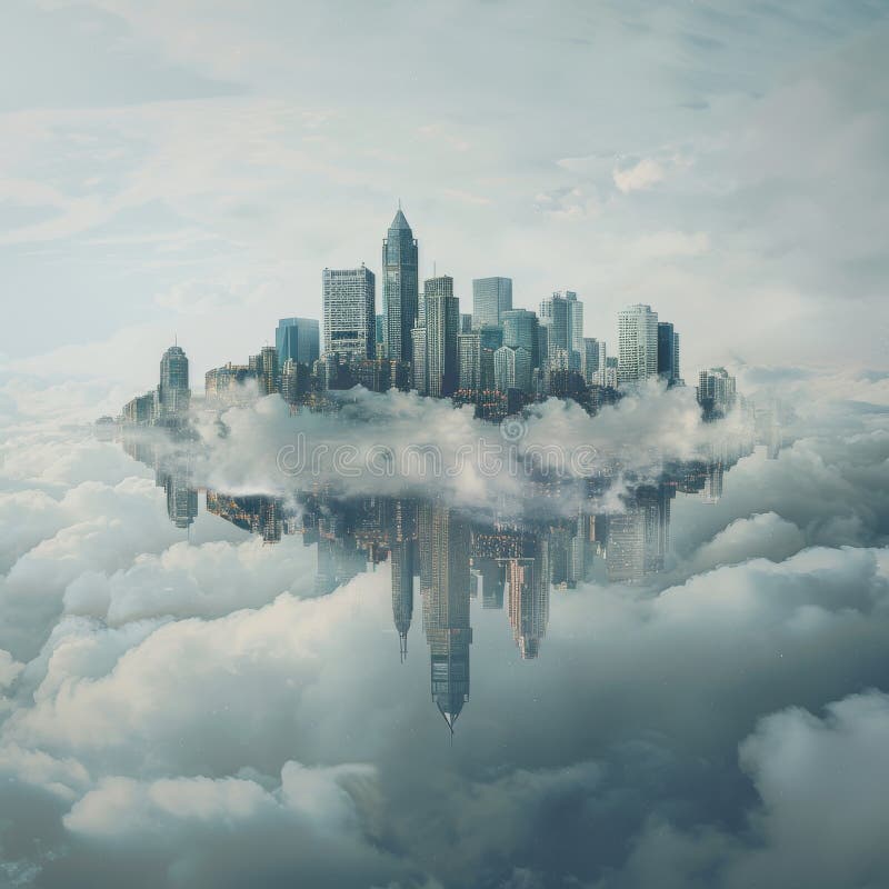A Surreal Cityscape Floating in the Clouds Stock Illustration ...