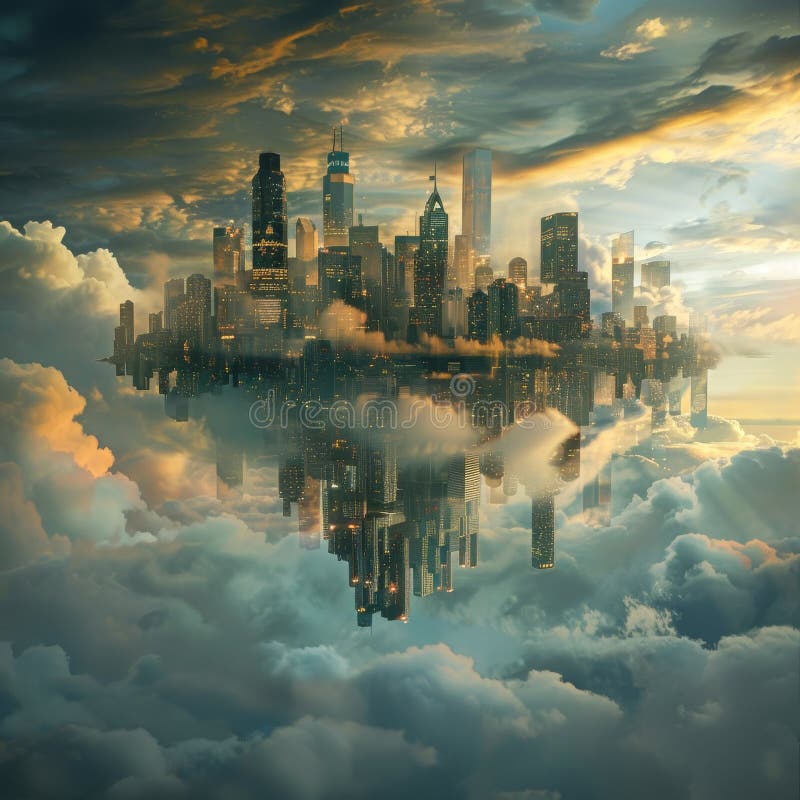 A Surreal Cityscape Floating in the Clouds Stock Illustration ...