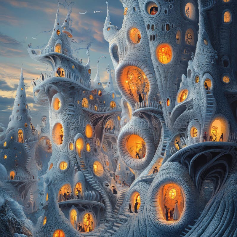 Surreal Cityscape of Imposing Shell Structures Illuminated at Night ...