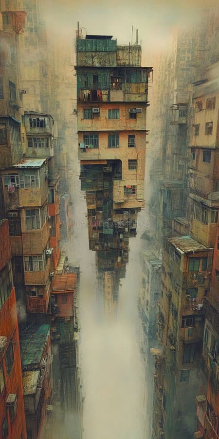 Surreal Cityscape with Inverted Building in Misty Urban Environment ...