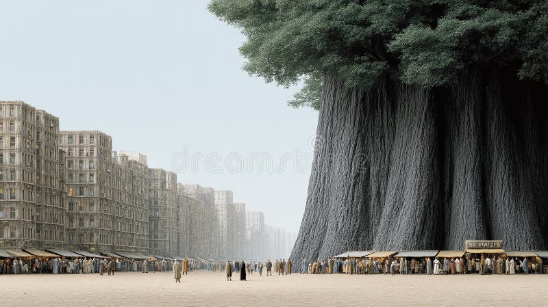 Surreal Cityscape Juxtaposed with an Immense Tree, Creating a ...