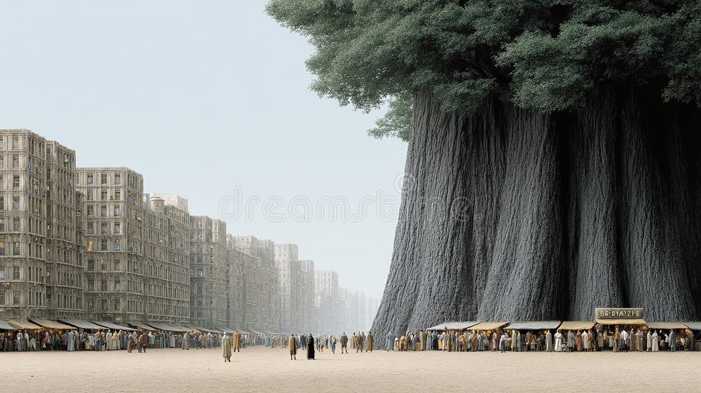 Surreal Cityscape Juxtaposed with an Immense Tree, Creating a Captivating Visual Metaphor for ...