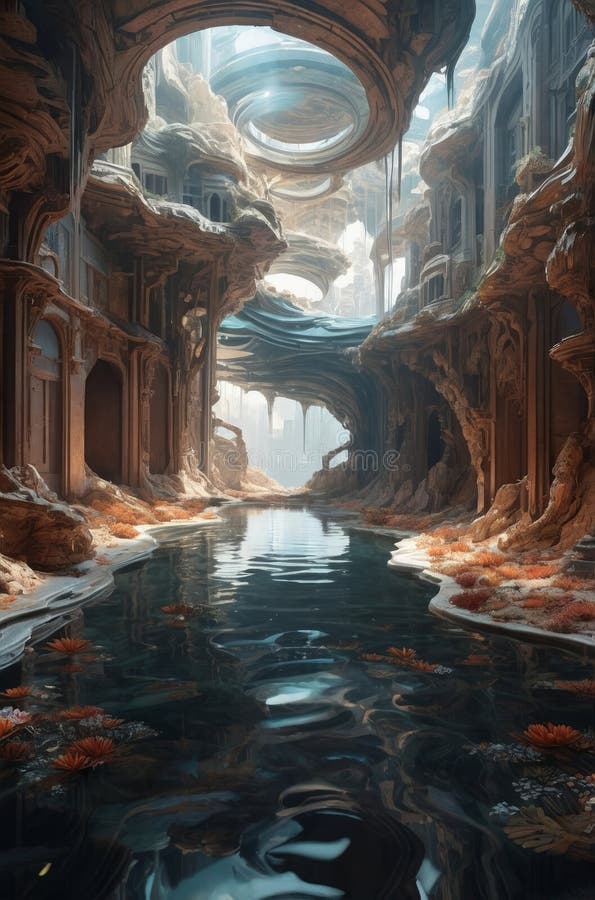 Surreal Cityscape with Liquid Gravity and Distorted Architecture in ...